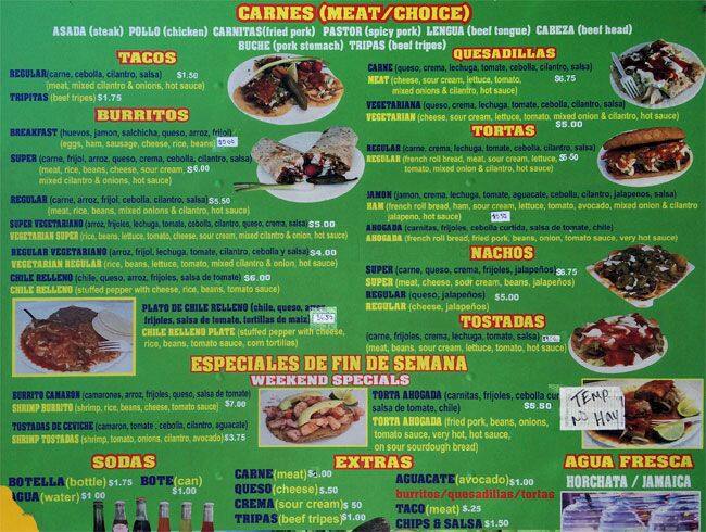Menu at Tacos Guadalajara restaurant, Vallejo, Sonoma Blvd