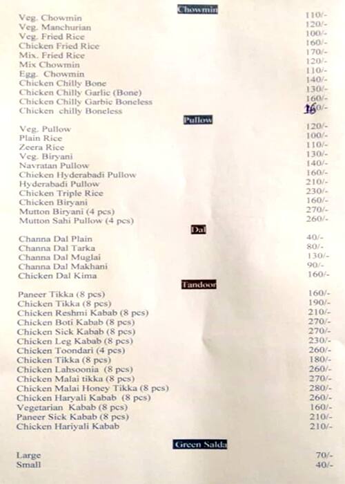 Menu at New Food Point, Patna