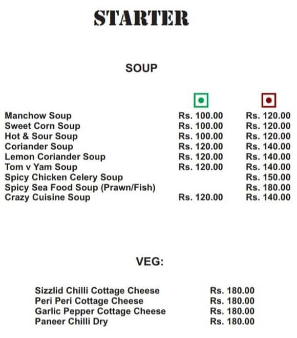 Menu of NV Crazy Cuisine, Machuabazar, Kolkata