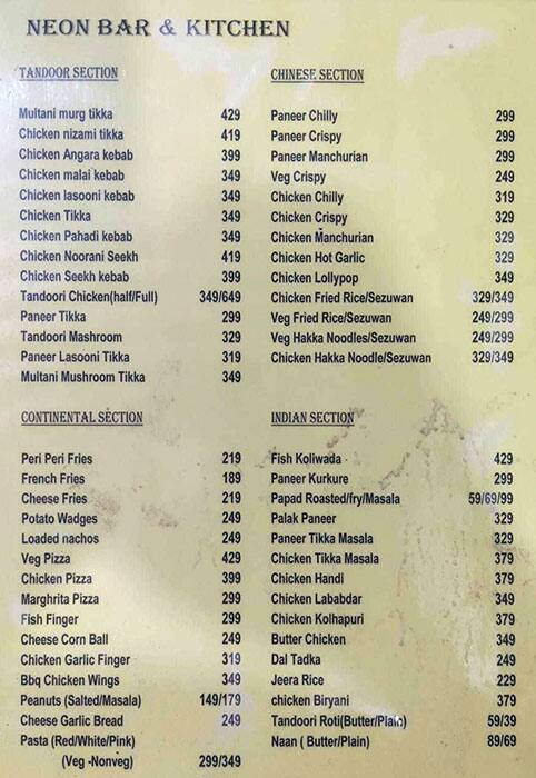 Menu of Neon Bar & Kitchen, Ghansoli, Navi Mumbai