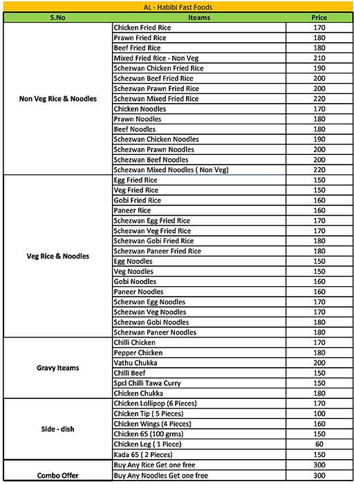 Menu of Al Habibi Fast Food, Perambur, Chennai