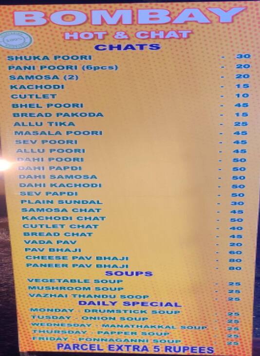Menu of Bombay Hot And Chat, K.K. Nagar, Chennai