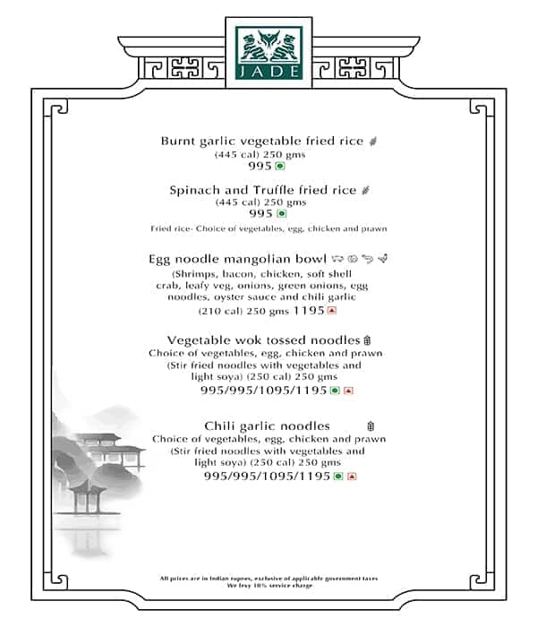 Menu of Jade - The Claridges, Khan Market, New Delhi