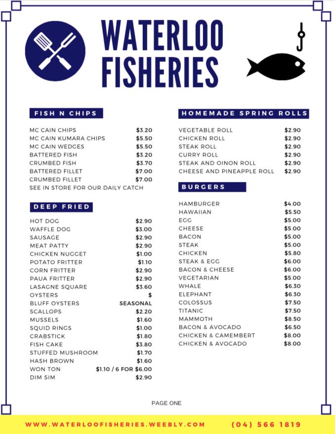 Menu at Waterloo Fisheries and Chinese Takeaways restaurant, Wellington