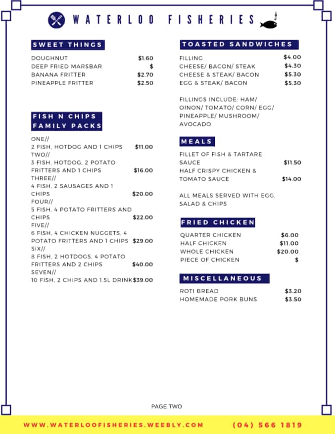 Menu at Waterloo Fisheries and Chinese Takeaways restaurant, Wellington