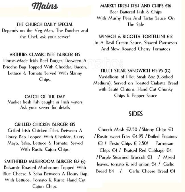 Menu at The Church pub & bar, Dublin, Mary Street