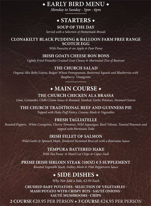 Menu at Church pub & bar, Dublin