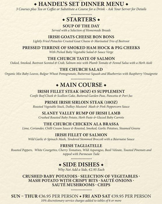 Menu at Church pub & bar, Dublin