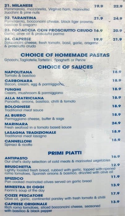Menu at Fiorini's pizzeria, Toorak
