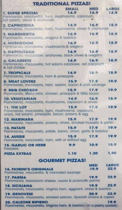 Menu at Fiorini's pizzeria, Toorak