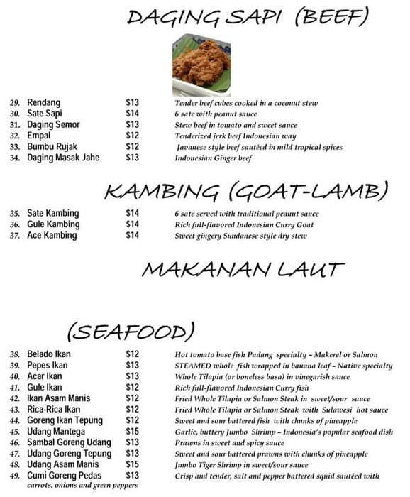 Menu at Indonesian Kitchen Restaurant, Calgary