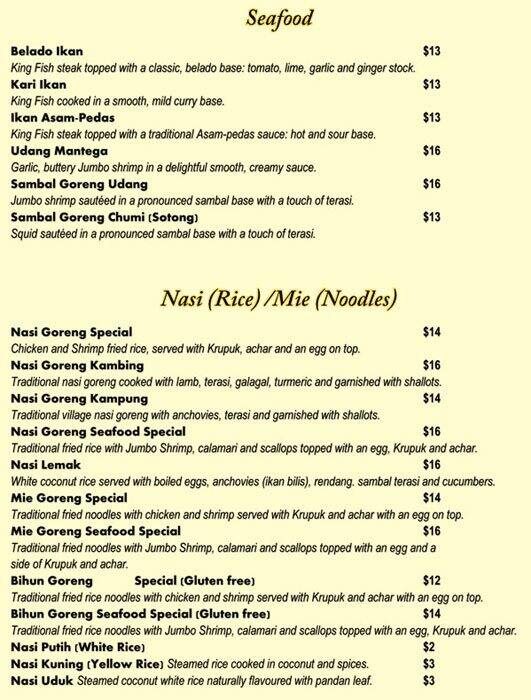 Menu at Indonesian Kitchen Restaurant, Calgary