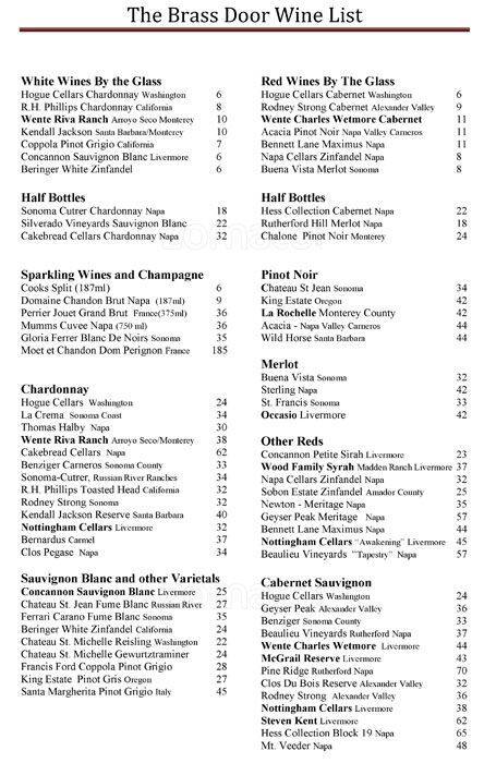 Menu at Brass Door steakhouse, San Ramon