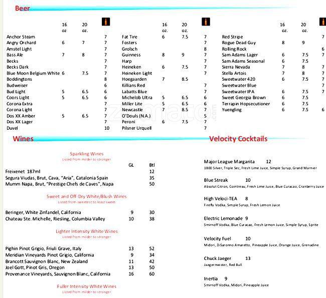 Menu at High Velocity pub & bar, Atlanta