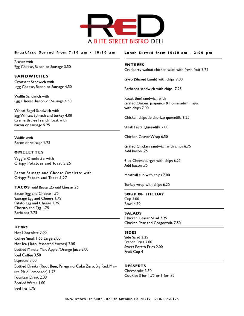 Menu at Red - A Bite Street Bistro Deli restaurant, San Antonio, Tesoro ...