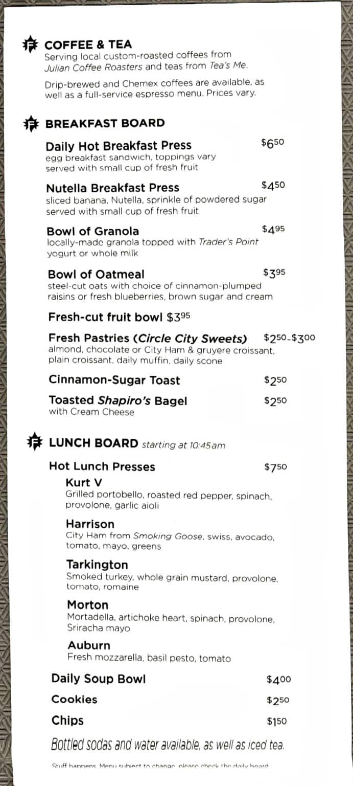 Menu at Foundry Provisions cafe, Indianapolis