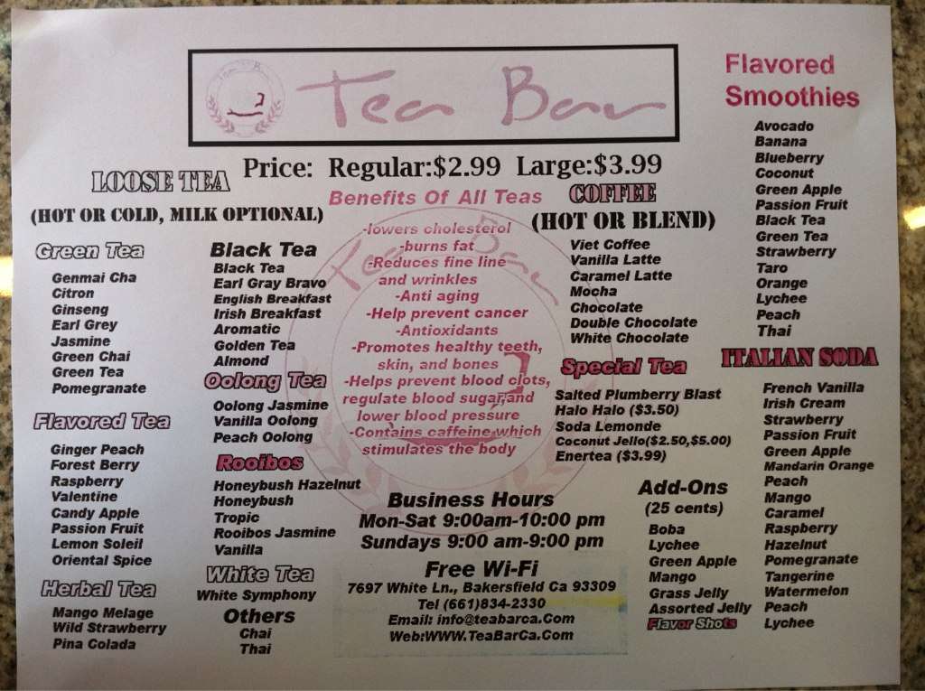 Carta de Tea Bar, Bakersfield, White Ln