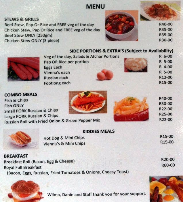 Menu at Royal Retreat, Graskop
