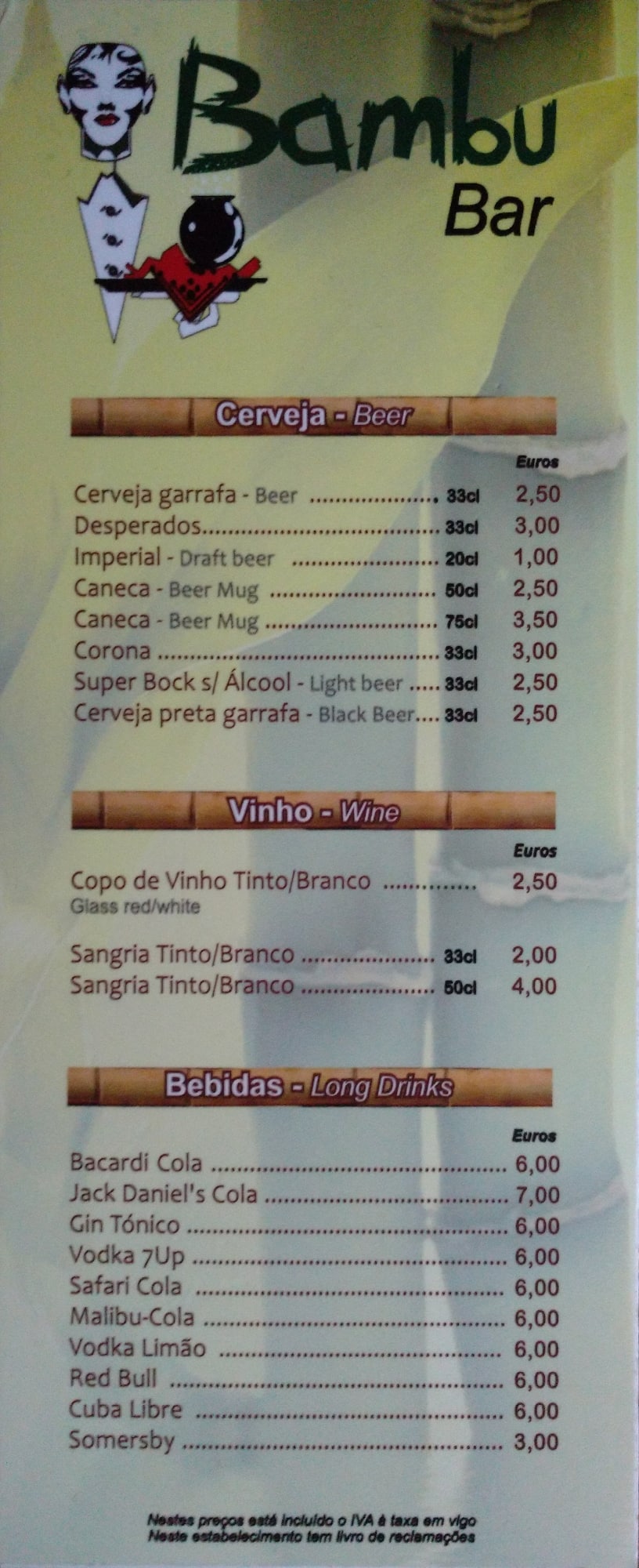 Menu at Bambu pub & bar, Lisbon
