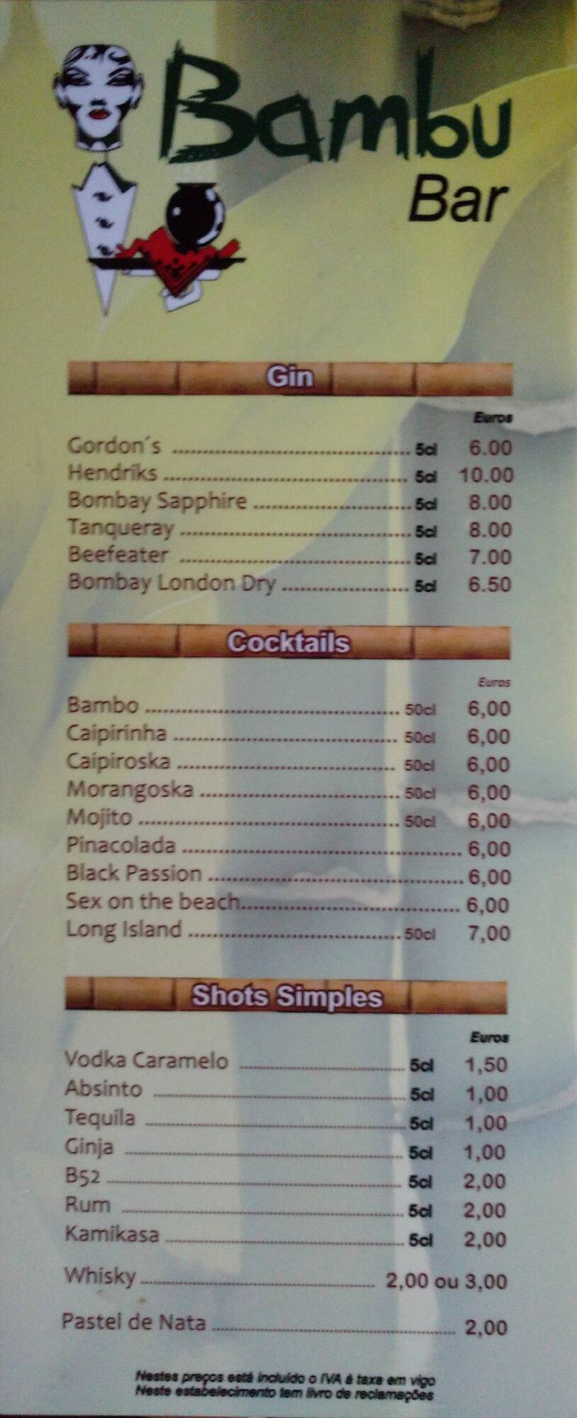 Menu at Bambu pub & bar, Lisbon