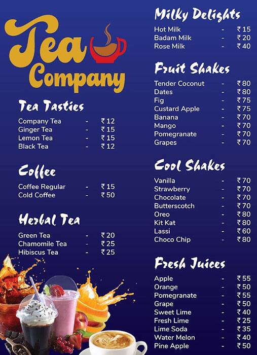 Menu of Tea Company, Poonamalle, Chennai