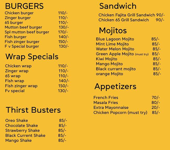 Menu of The Food Vines, Charminar, Hyderabad