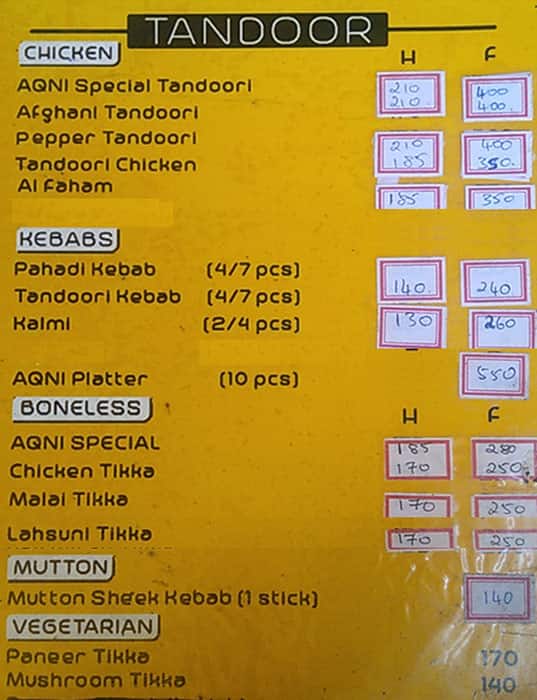 Menu of Aqni, HBR Layout, Bangalore