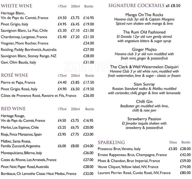 Menu at Clerk and Well pub & bar, London