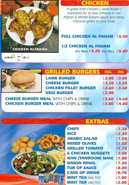 Carta de comida rápida SADAF, Manchester, 167 Wilmslow Rd