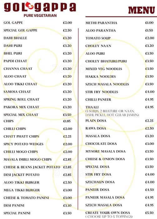 Menu at Gol Gappa restaurant, Birmingham