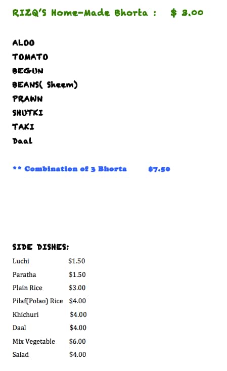 Menu at Rizq - Bangladeshi Cuisine restaurant, Footscray