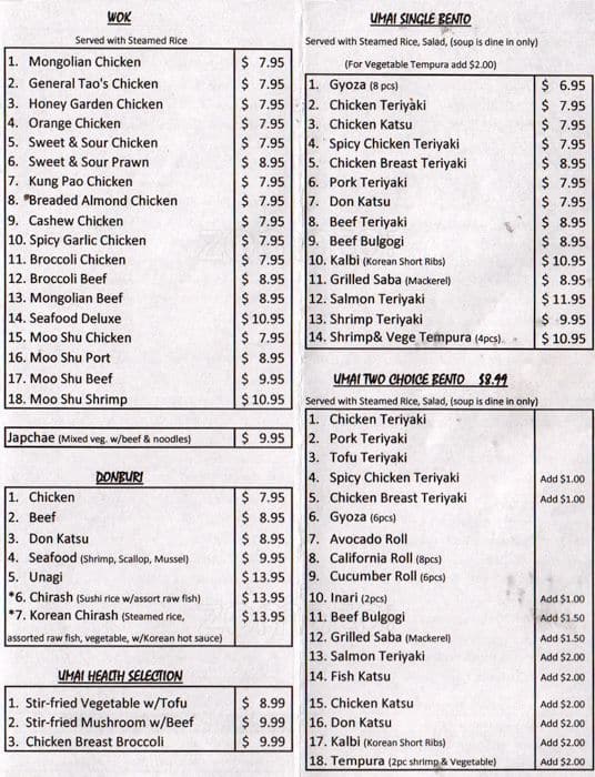 Menu at Umai Bento restaurant, Spanaway