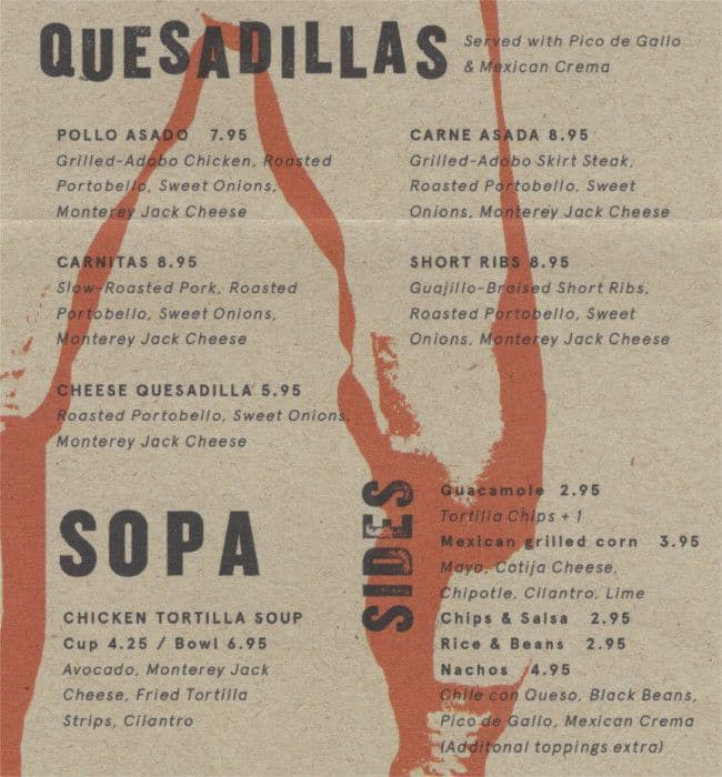 Menu at El Luchador fast food, New York City, South Street