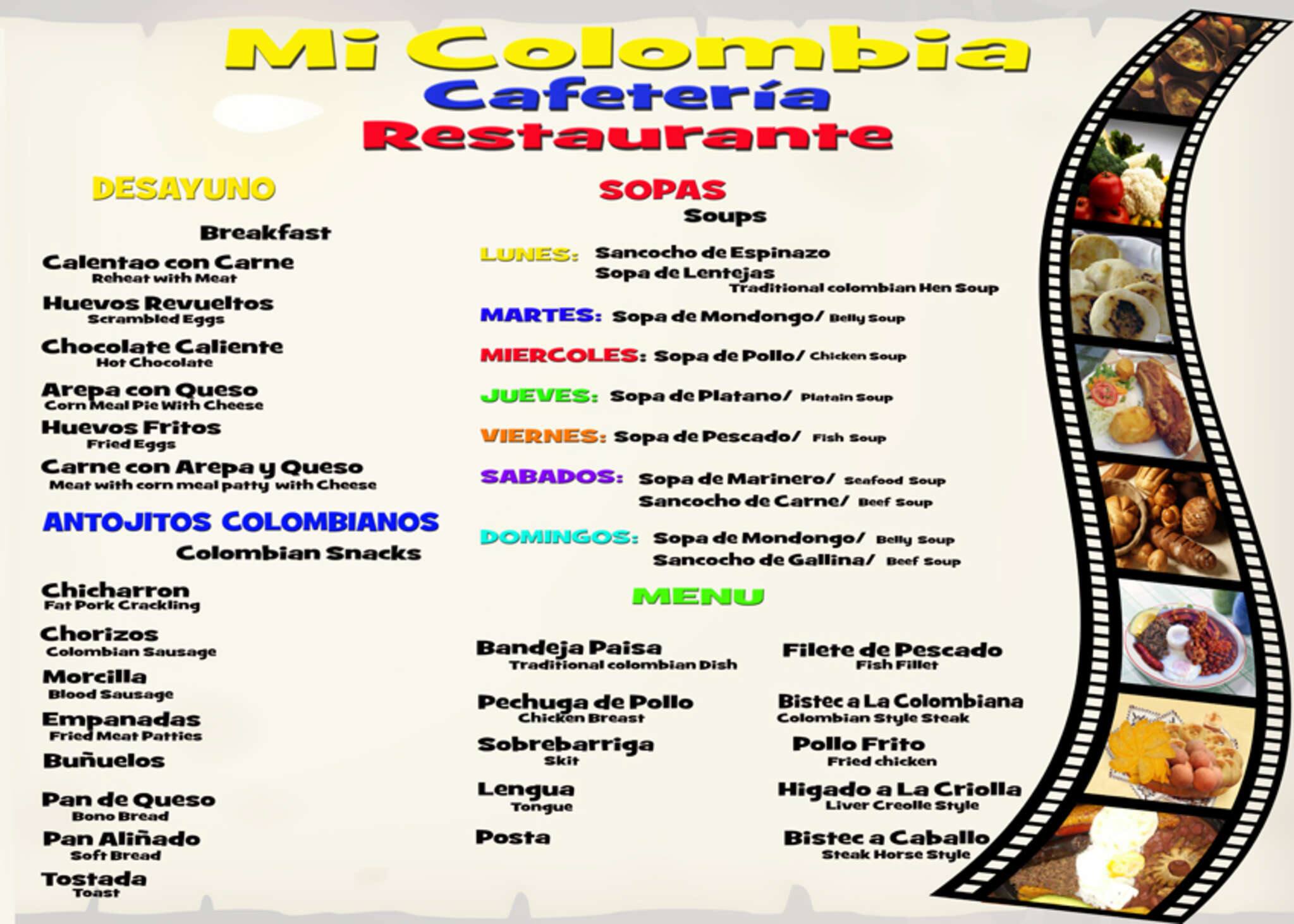 Menu at Mi Colombia Cafeteria Miami Beach, Miami Beach
