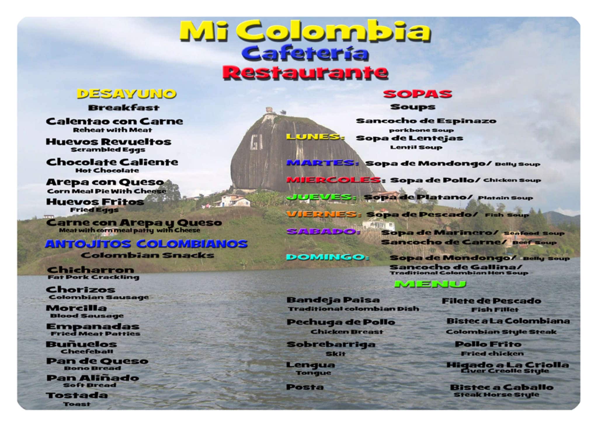 Menu at Mi Colombia Cafeteria Miami Beach, Miami Beach