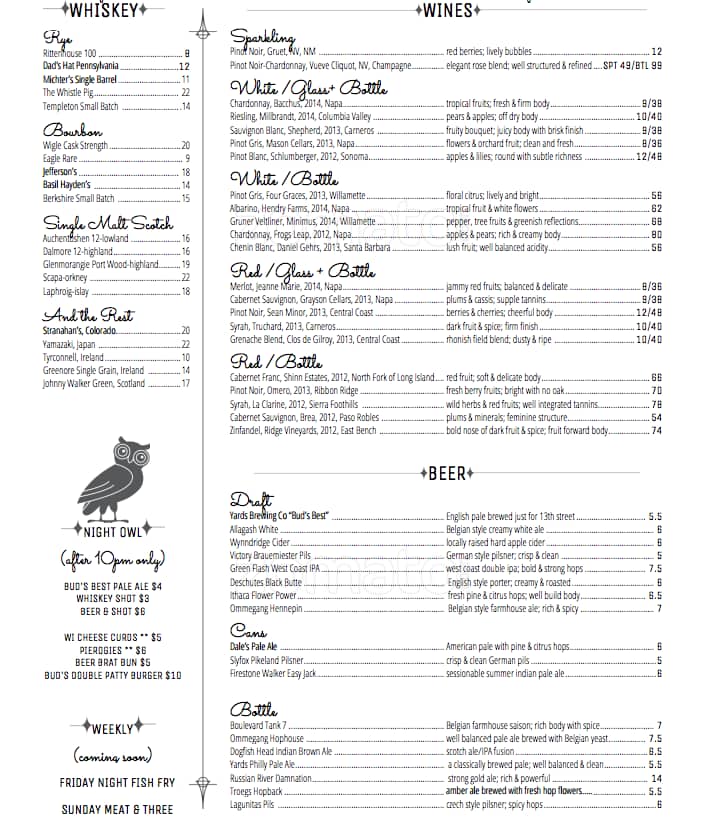 Menu at Bud & Marilyn's pub & bar, Philadelphia, Locust St