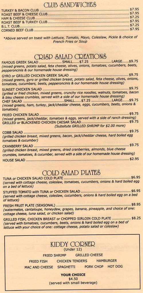 Menu at Sunset Grill Clearwater restaurant, Clearwater, Sunset Point Rd