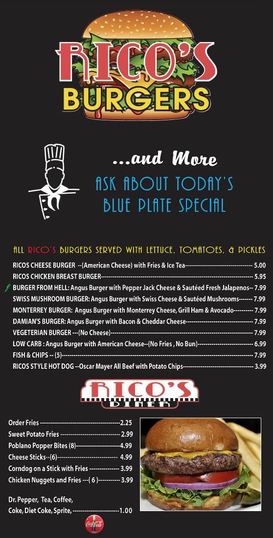Menu at Rico's Burgers restaurant, Balcones Heights