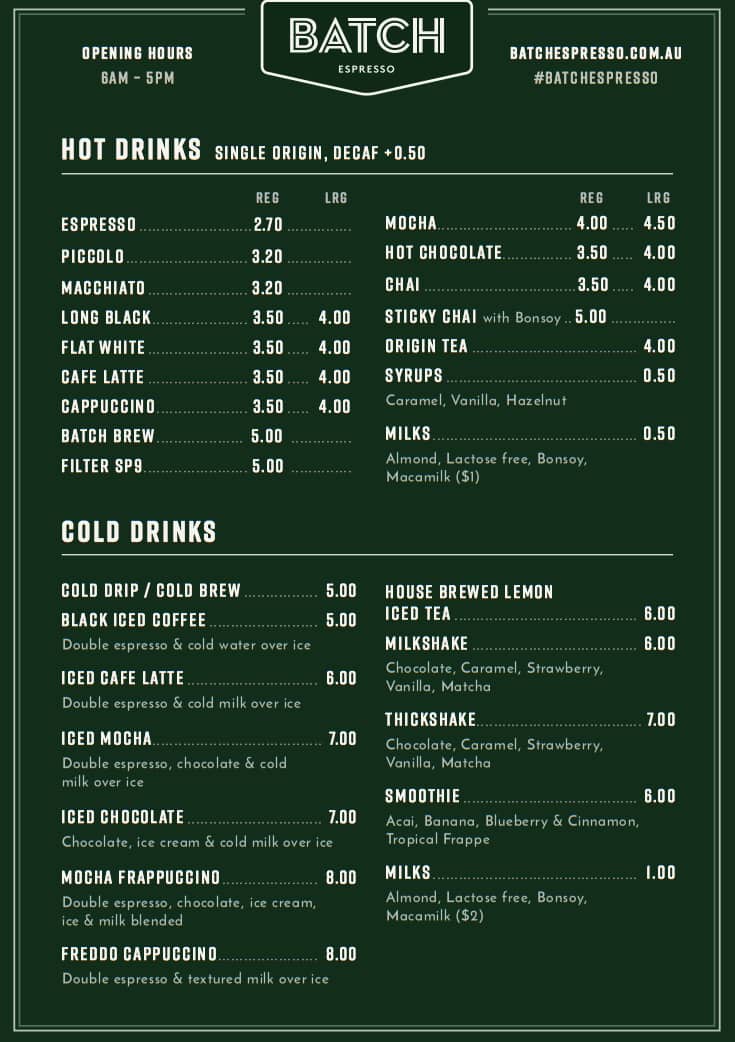Menu at BATCH ESPRESSO BARANGAROO, Sydney