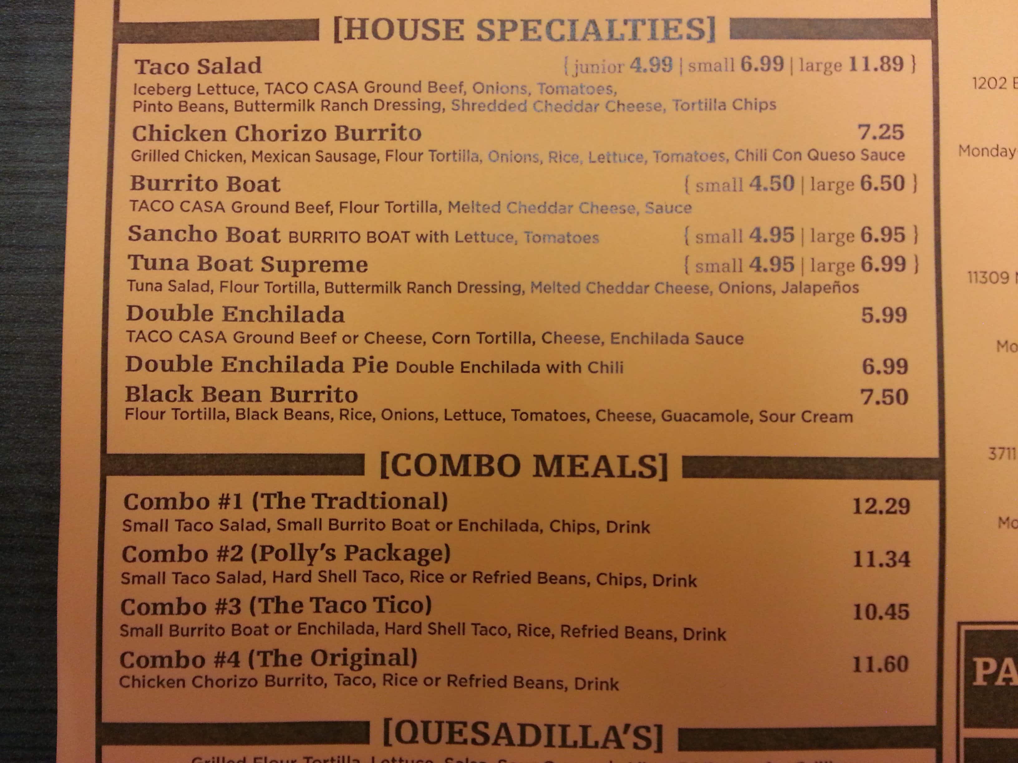 Menu at Taco Casa restaurant, Norwood, Smith Rd