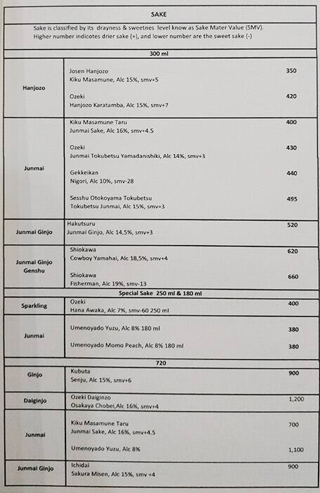 Menu at Senju Omakase restaurant, Jakarta