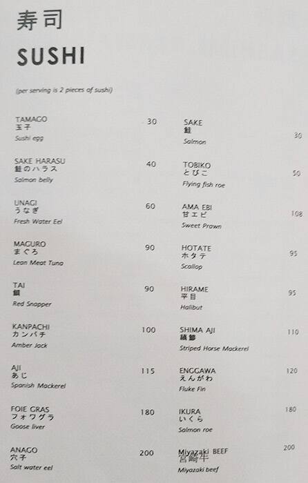 Menu at Senju Omakase restaurant, Jakarta