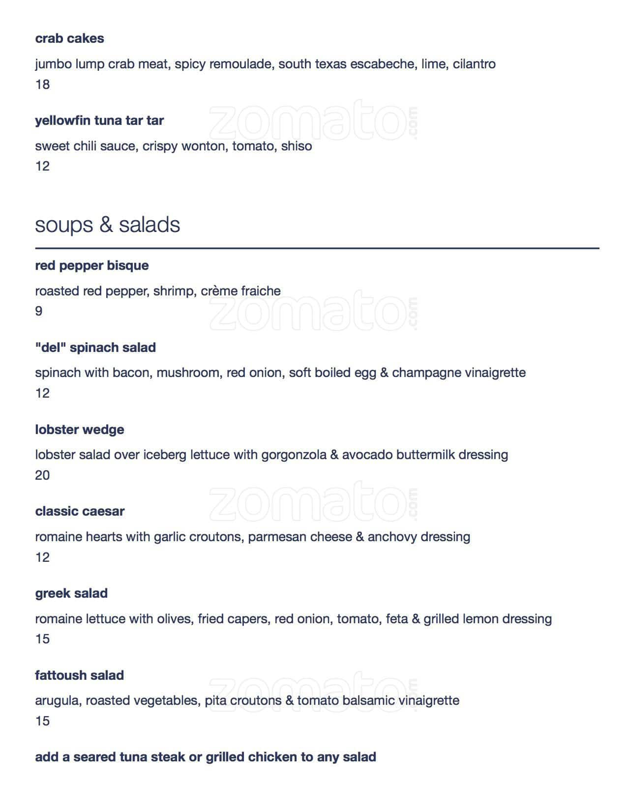 Menu at The Del Restaurant & Bar, Houston, Del Monte Dr