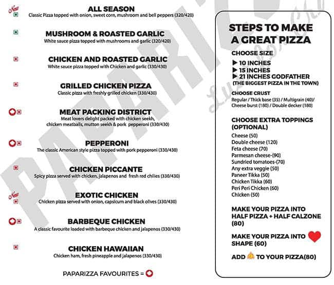 Menu at Paparizza, New Delhi