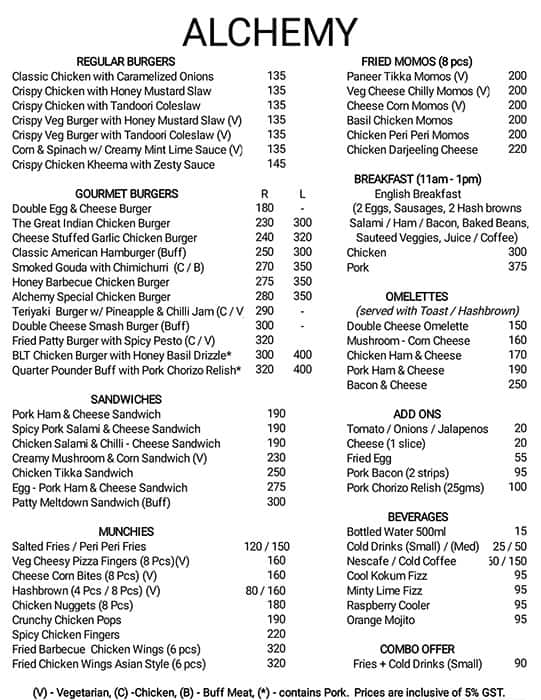 Menu of Alchemy, Vasai, Mumbai
