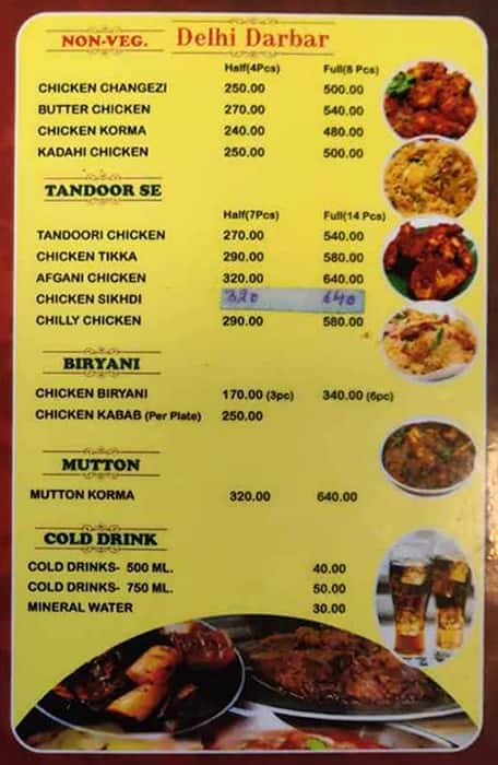 Menu at Delhi Darbar, Shimla