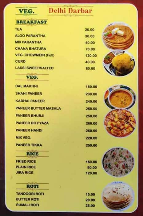 Menu at Delhi Darbar, Shimla