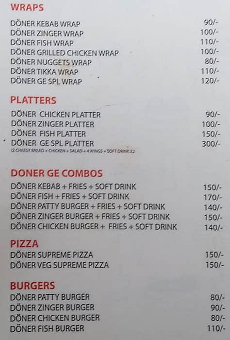 Menu of Doner Ji, Falaknuma, Hyderabad