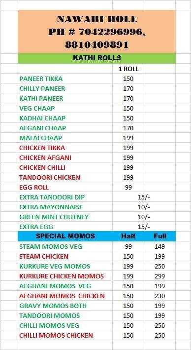 Menu of Nawabi Roll, Tilak Nagar, New Delhi