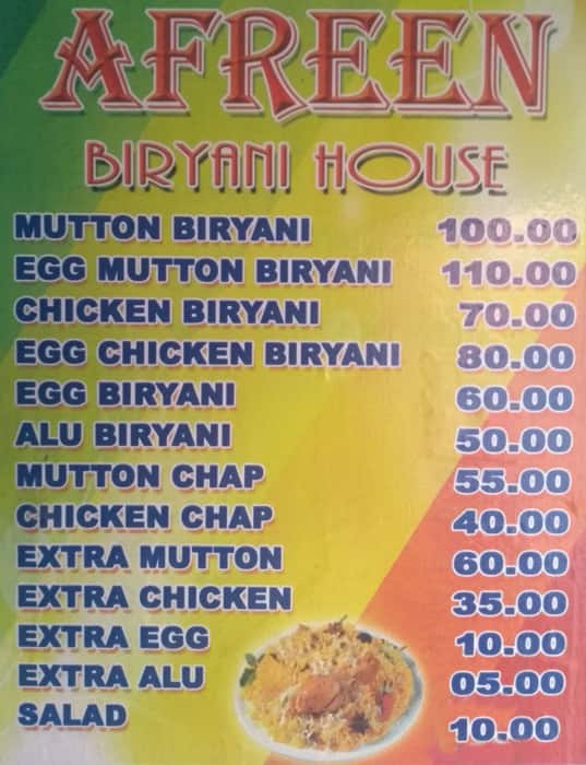 Menu at Afreen Biriyani House, Howrah, 387